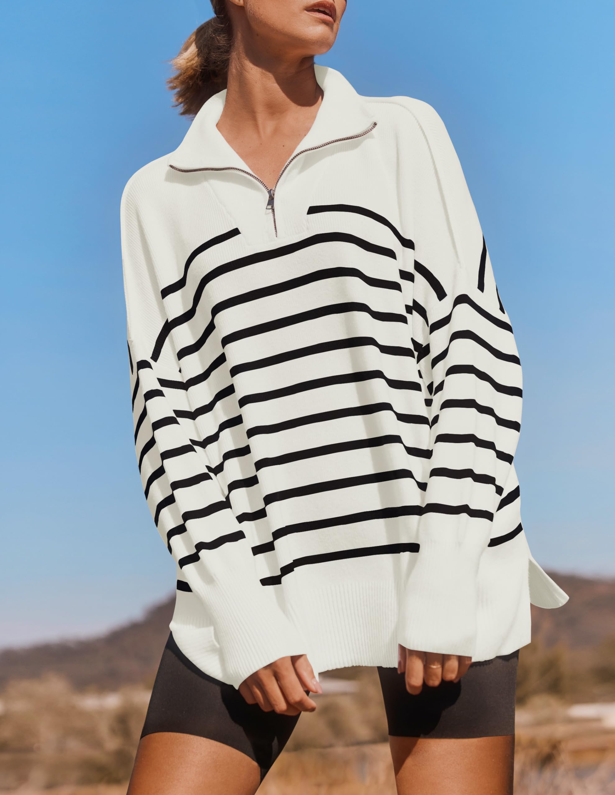 ZESICA Women's Striped Sweaters Half Zipper Long Sleeve Ribbed Knit Loose Oversized Pullover Sweater Tops,White,Large