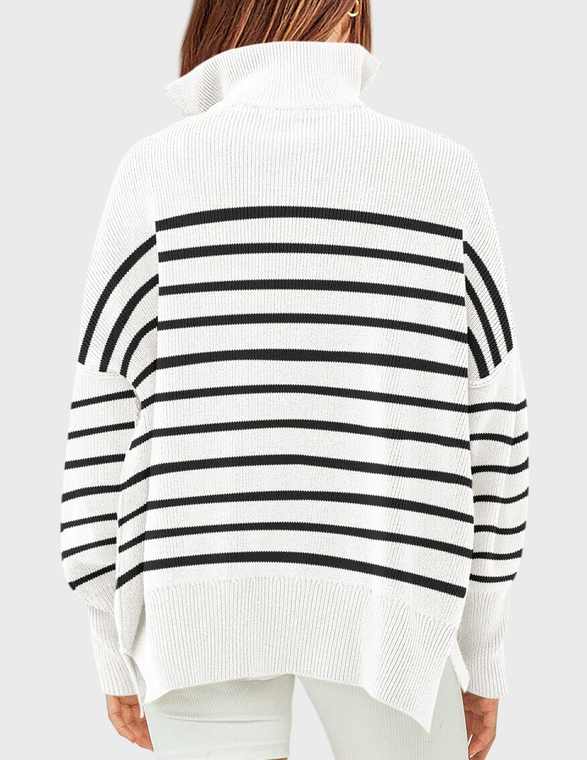 ZESICA Women's Striped Sweaters Half Zipper Long Sleeve Ribbed Knit Loose Oversized Pullover Sweater Tops,White,Large