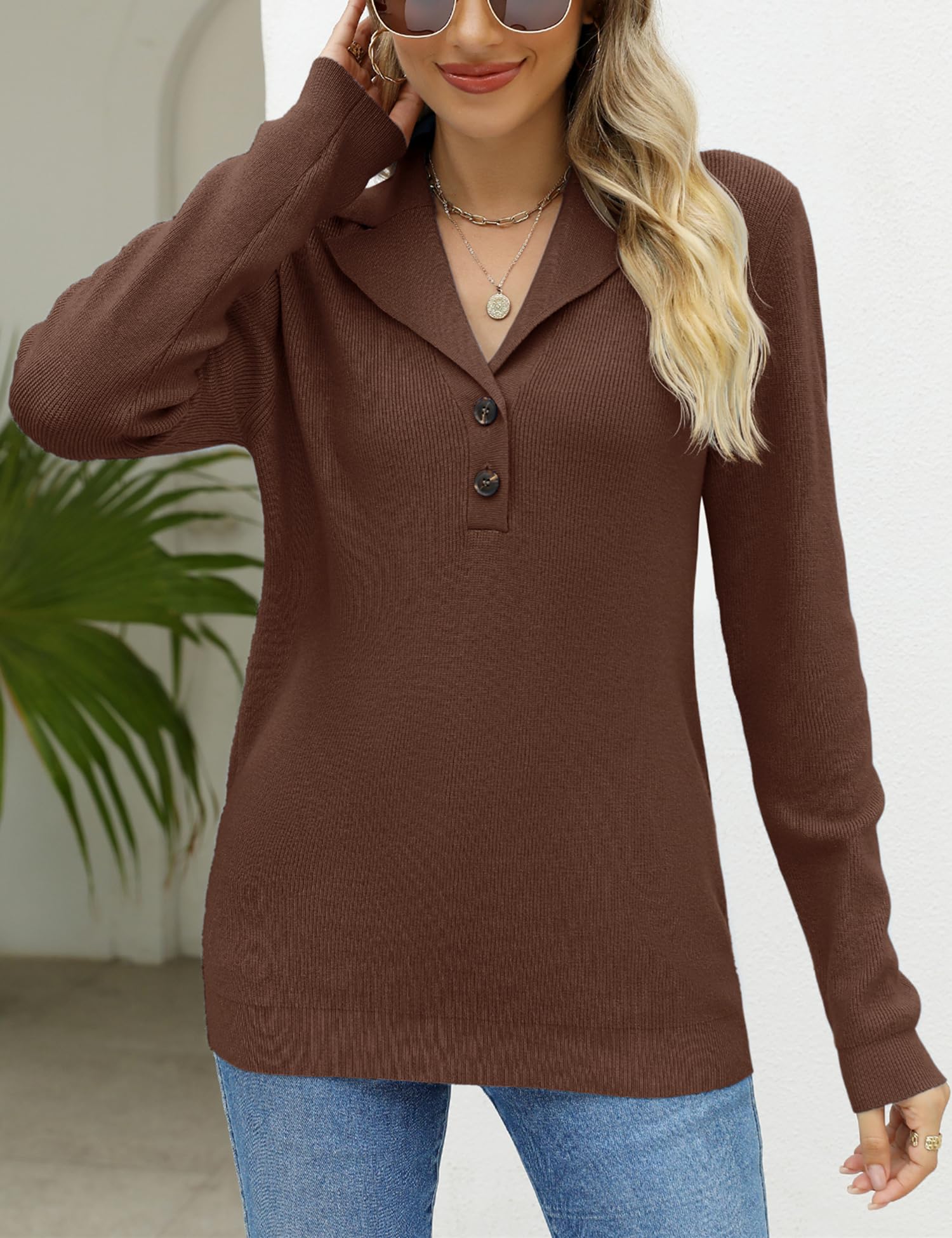 LOMON Womens Sweaters Fall 2024 V-Neck Collared Tops Winter Long Sleeve Buttons Knit Trendy Pullover Business Dressy Casual Jumper (Coffee,Medium)
