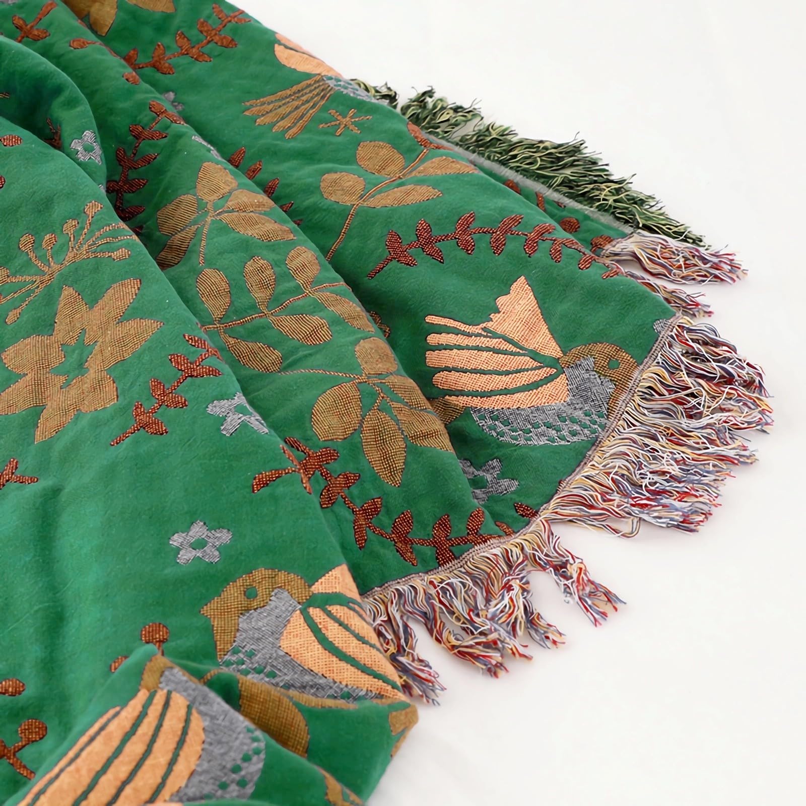 Skrmisda Bohemian Throw Blankets, Boho Birds 60 * 80 Inch Cotton Blanket for Bed Couch Camping Picnic Full Size Tassel Reversible Breathable Soft & Cozy Blankets (Green+Beige)