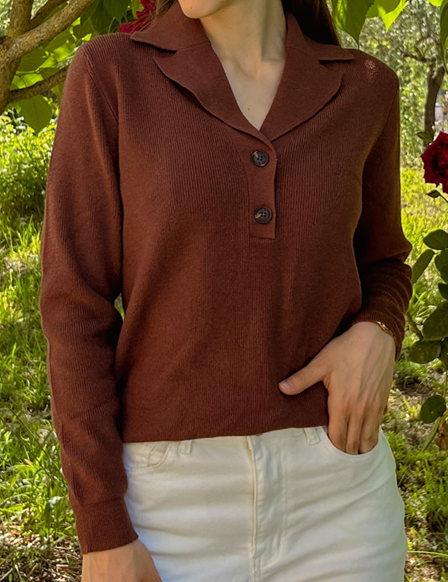 LOMON Womens Sweaters Fall 2024 V-Neck Collared Tops Winter Long Sleeve Buttons Knit Trendy Pullover Business Dressy Casual Jumper (Coffee,Medium)