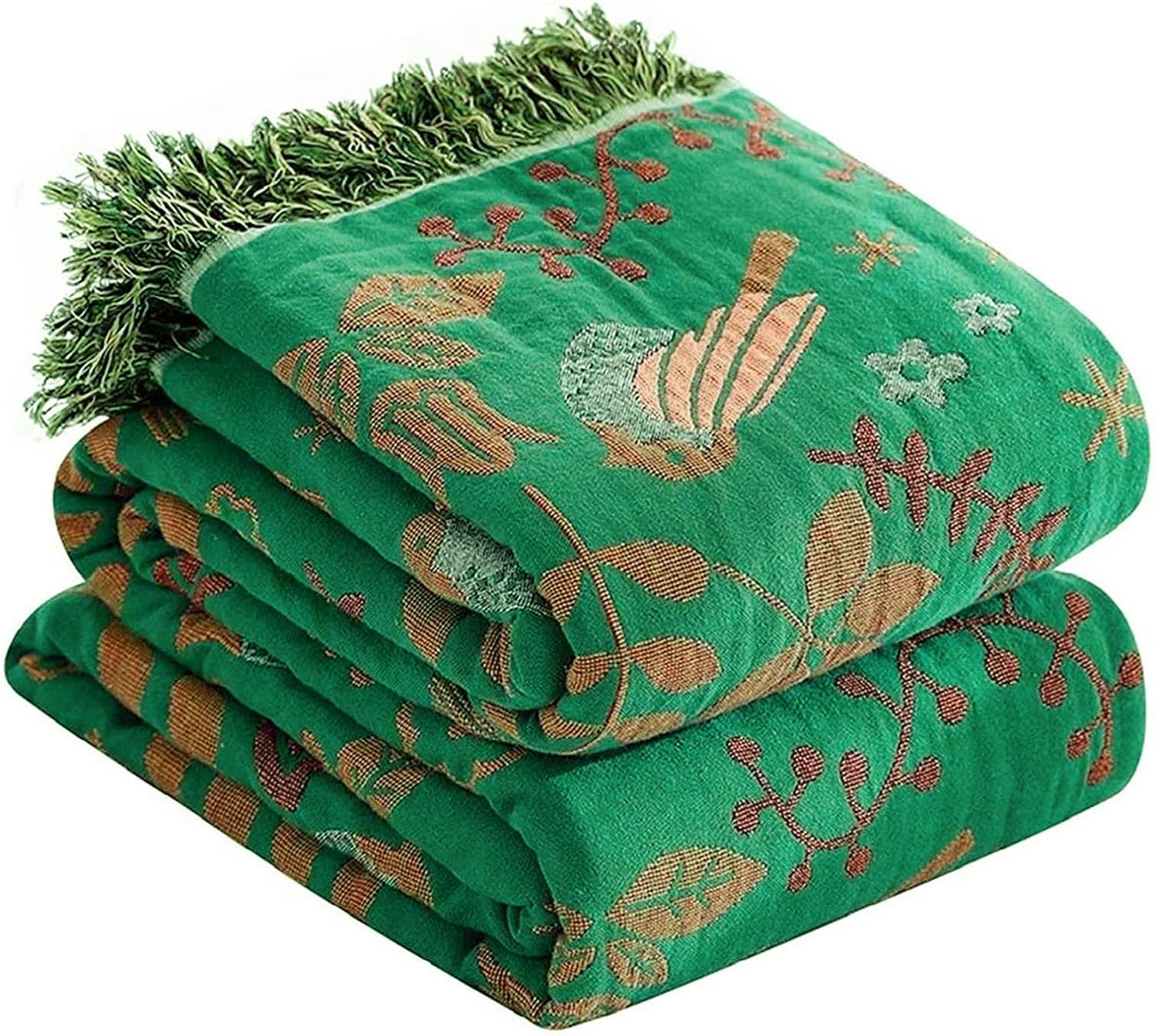 Skrmisda Bohemian Throw Blankets, Boho Birds 60 * 80 Inch Cotton Blanket for Bed Couch Camping Picnic Full Size Tassel Reversible Breathable Soft & Cozy Blankets (Green+Beige)