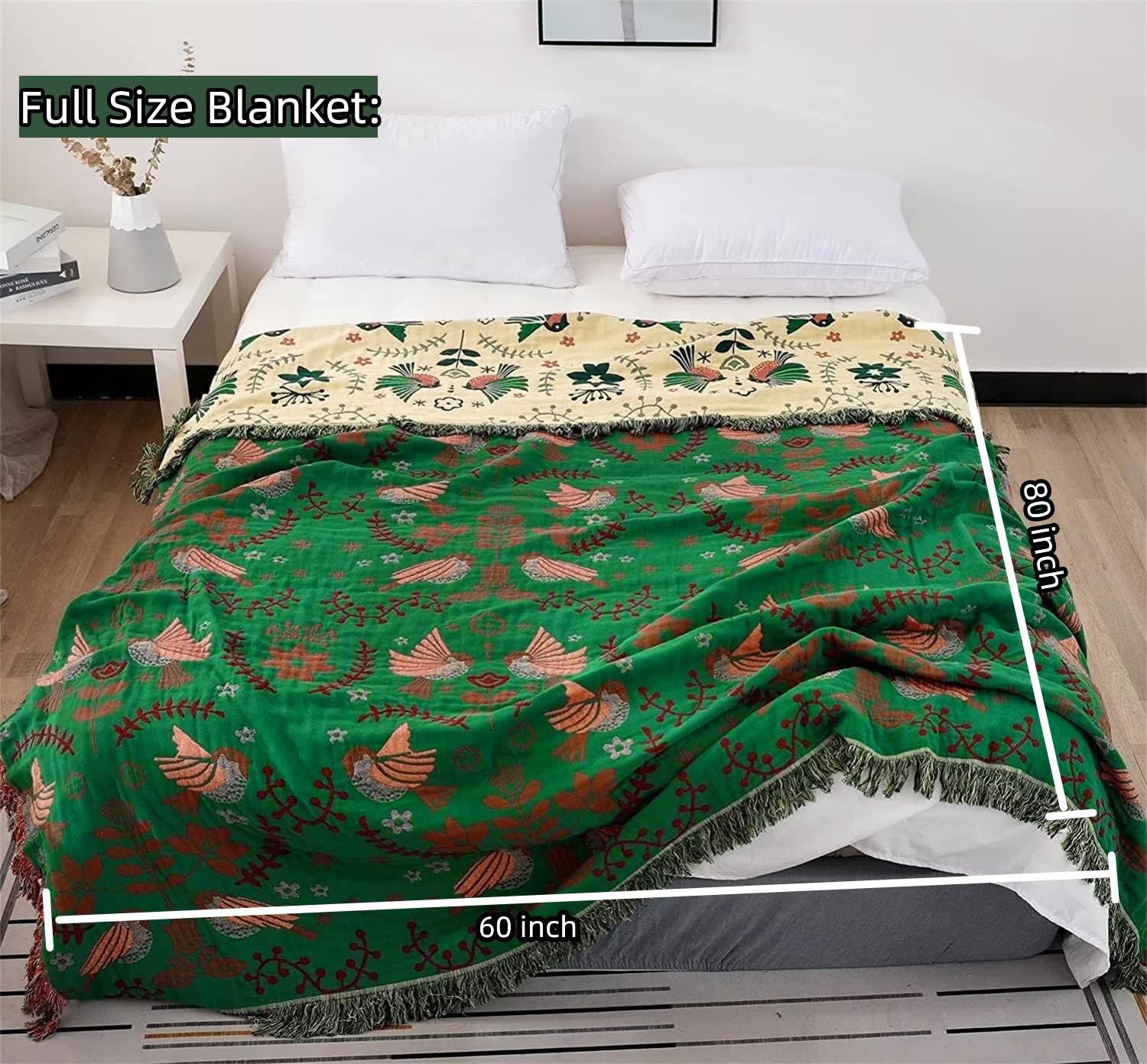 Skrmisda Bohemian Throw Blankets, Boho Birds 60 * 80 Inch Cotton Blanket for Bed Couch Camping Picnic Full Size Tassel Reversible Breathable Soft & Cozy Blankets (Green+Beige)