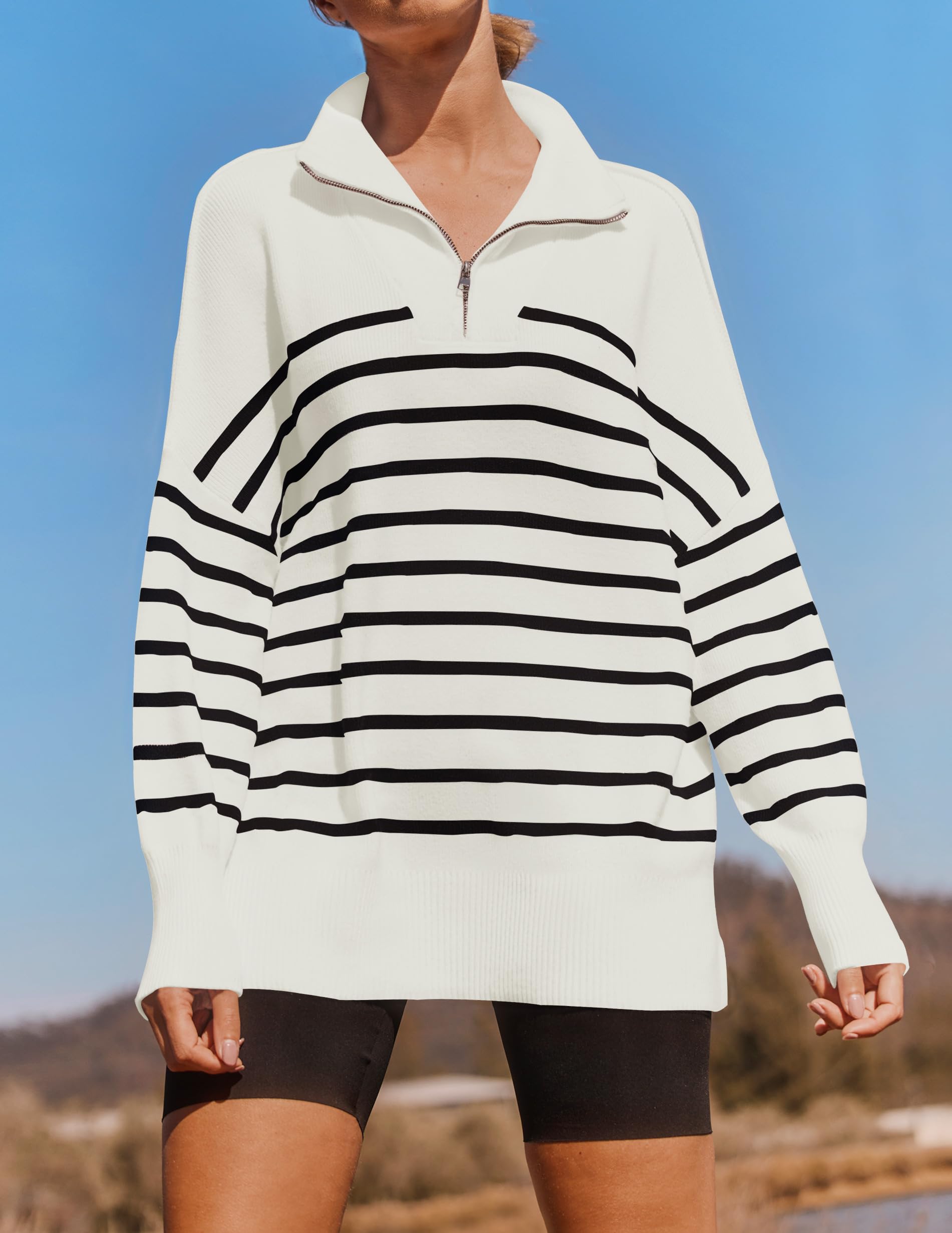 ZESICA Women's Striped Sweaters Half Zipper Long Sleeve Ribbed Knit Loose Oversized Pullover Sweater Tops,White,Large