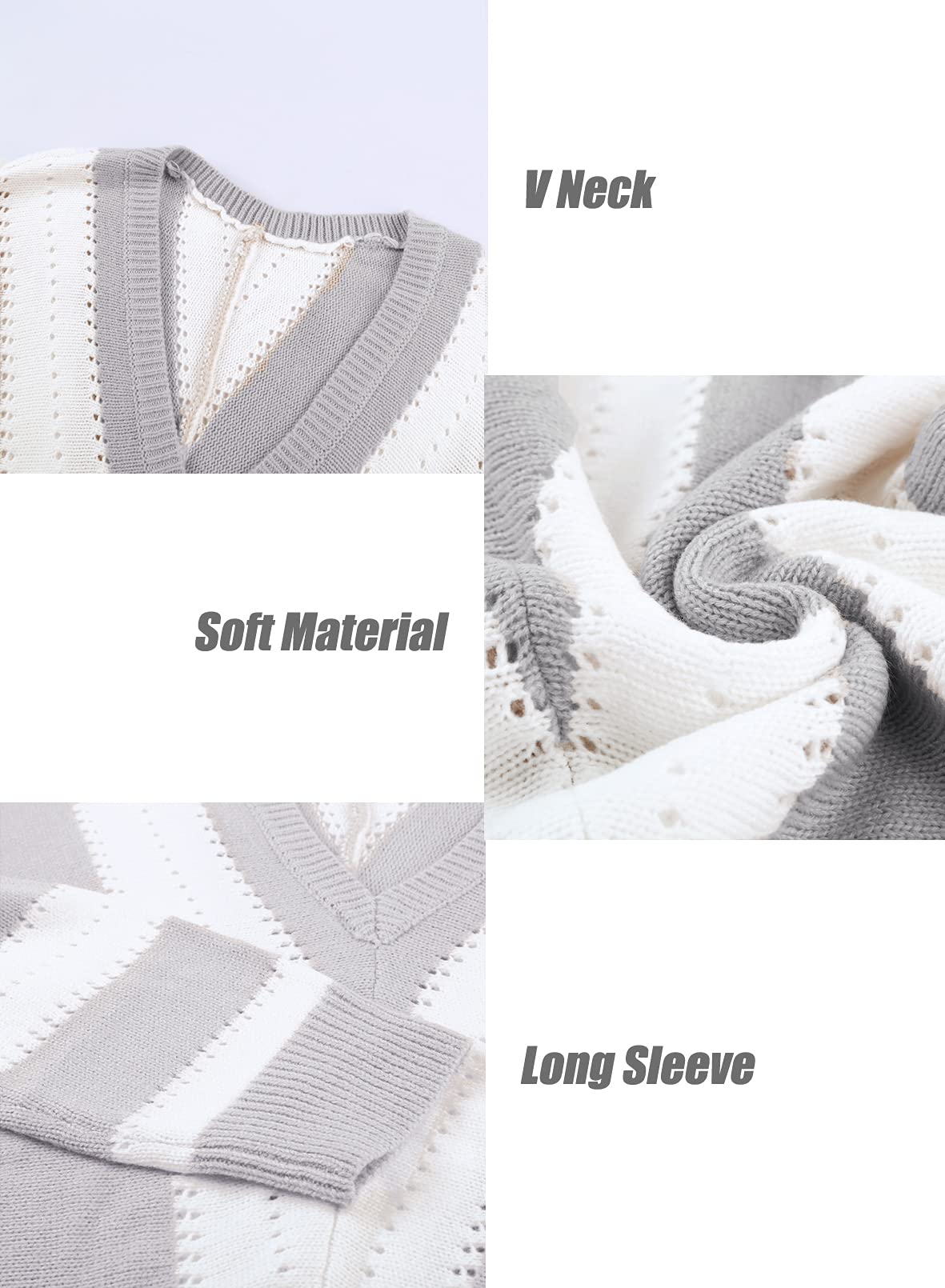 Elapsy Women‘s Casual Long Sleeve Oversized Knit Sweaters Striped Blockcolor V Neck Loose Lightweight Knited Sweater Pullover Sweater Gray L