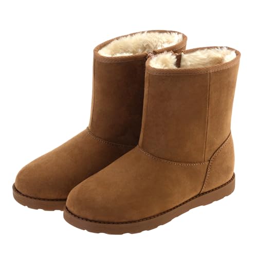 Vonair Girls Warm Winter Snow Boots for Little/Big Kids Fuzzy Faux Fur Lining Bootie Shoes with Zipper Brown 2 Big Kid