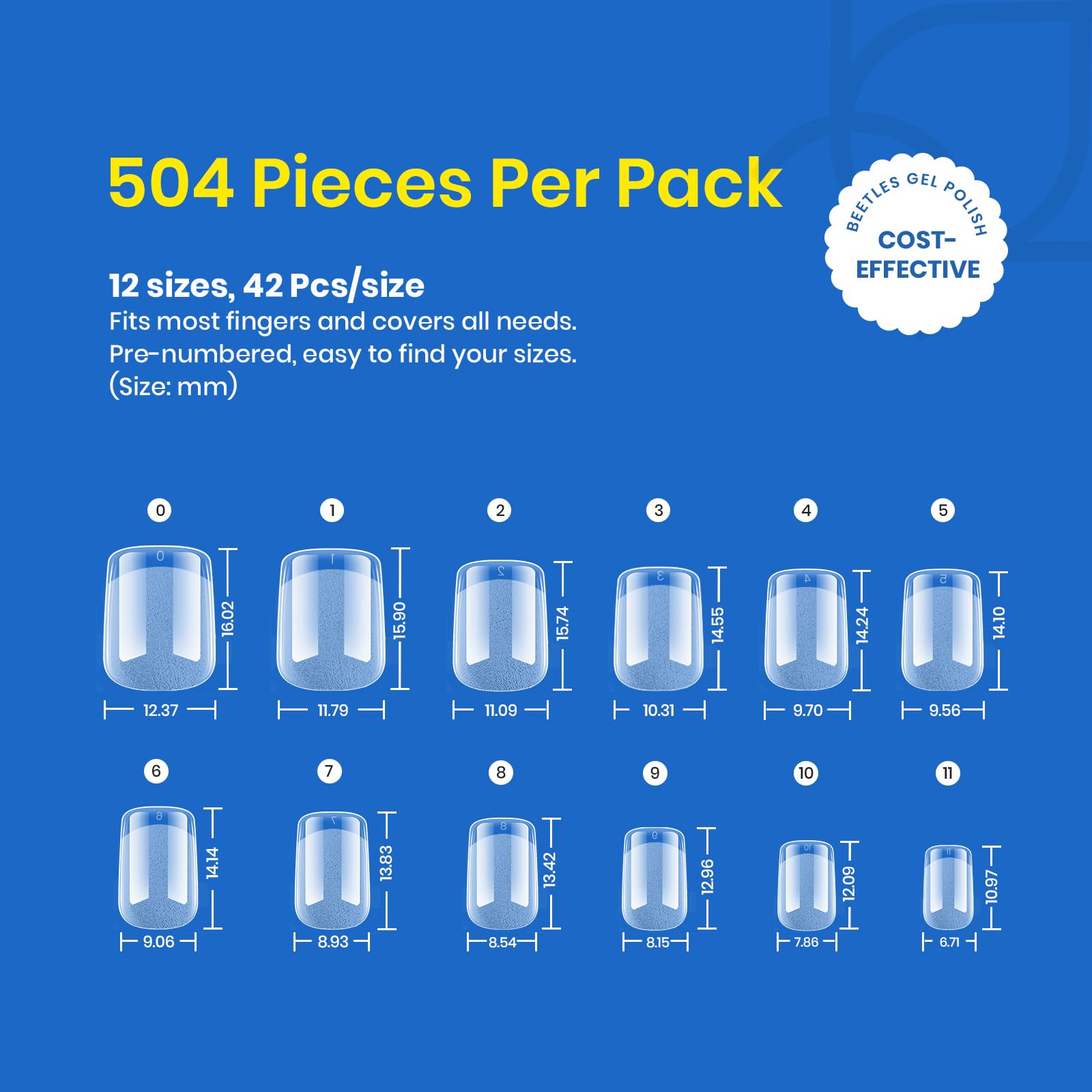 Beetles 504Pcs XS Short Square Nail Tips,12 Sizes Fake Nail Pre Shaped Half Matte Etch X Nail Tips Full Cover False Clear Acrylic Press on Nails for Gel Polish Nail Art Design,Nail Glues Needed