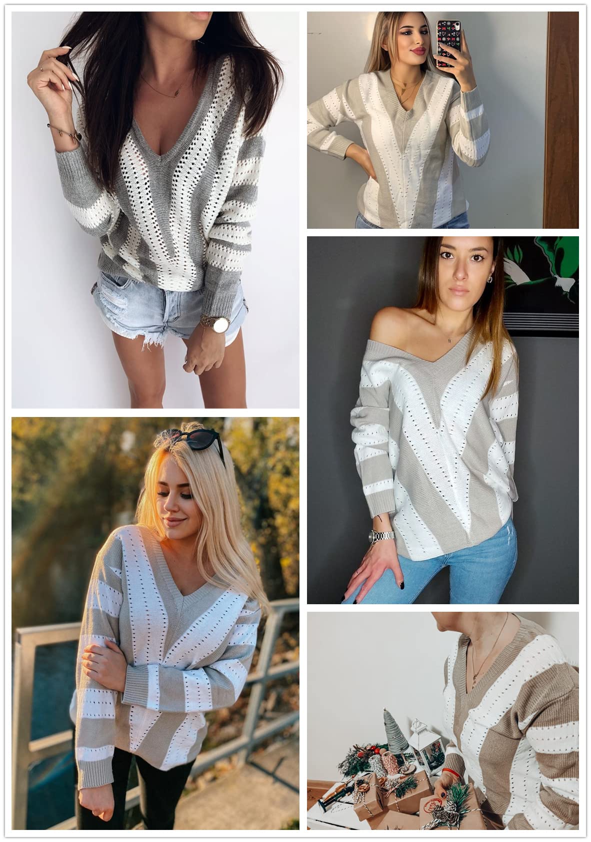 Elapsy Women‘s Casual Long Sleeve Oversized Knit Sweaters Striped Blockcolor V Neck Loose Lightweight Knited Sweater Pullover Sweater Gray L