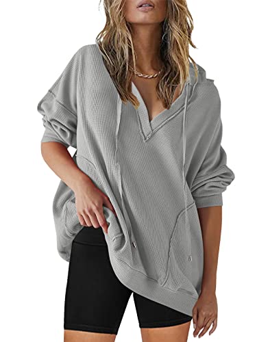 SENSERISE Womens Oversized HoodiesLong Sleeve V Neck Drawstring Hooded Sweatshirts Waffle Knit Tops with Pockets(Light Grey,L)