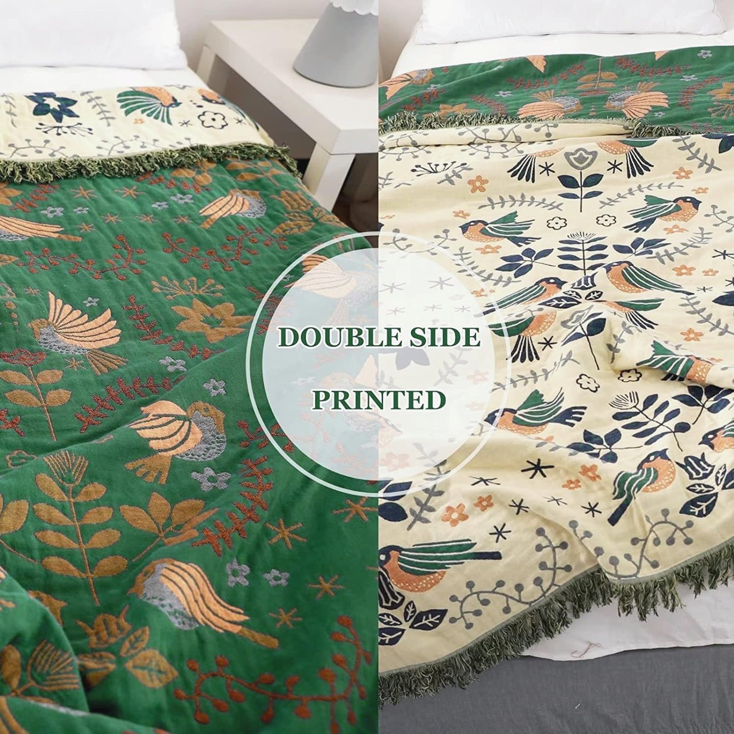Skrmisda Bohemian Throw Blankets, Boho Birds 60 * 80 Inch Cotton Blanket for Bed Couch Camping Picnic Full Size Tassel Reversible Breathable Soft & Cozy Blankets (Green+Beige)