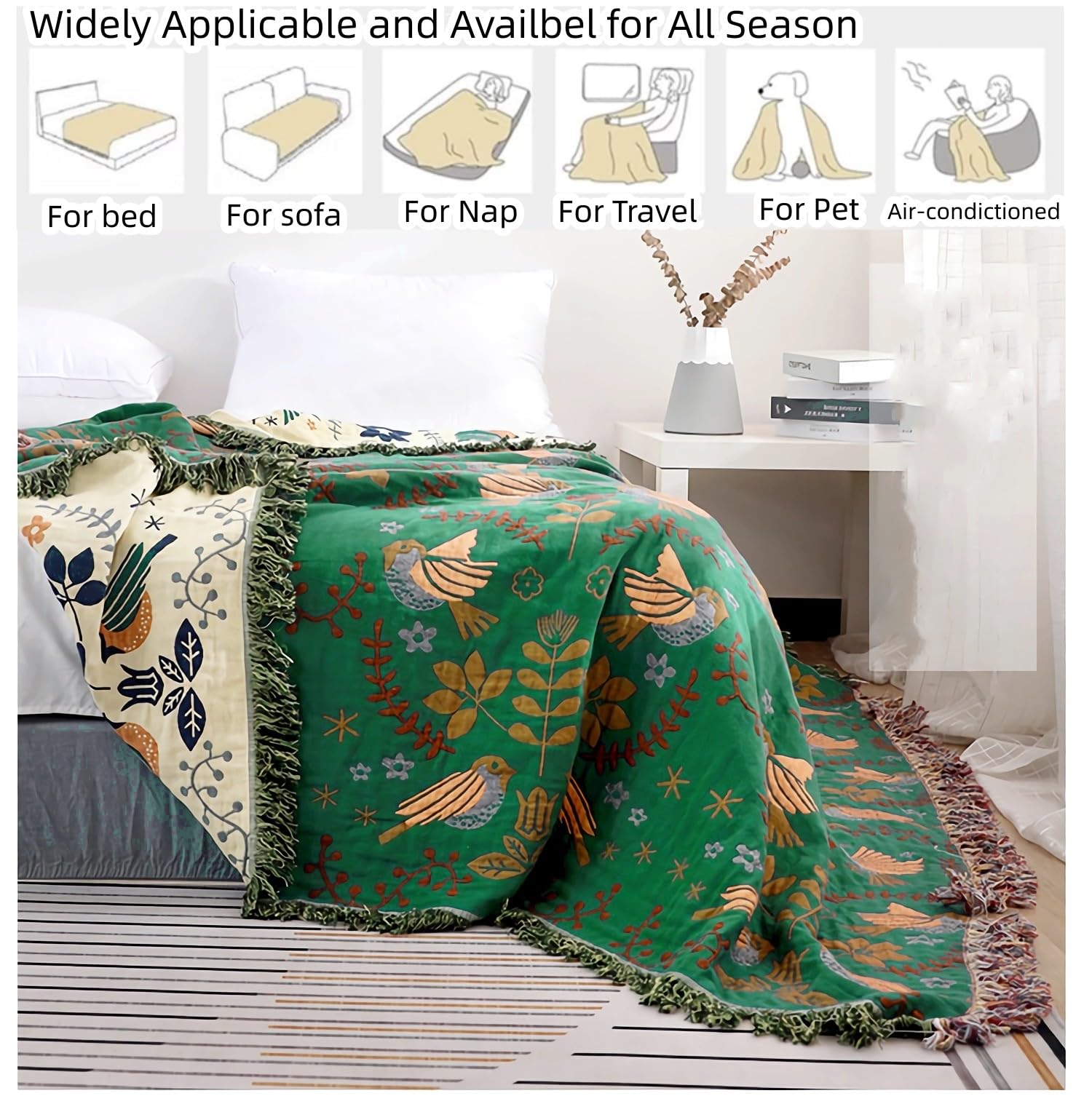 Skrmisda Bohemian Throw Blankets, Boho Birds 60 * 80 Inch Cotton Blanket for Bed Couch Camping Picnic Full Size Tassel Reversible Breathable Soft & Cozy Blankets (Green+Beige)