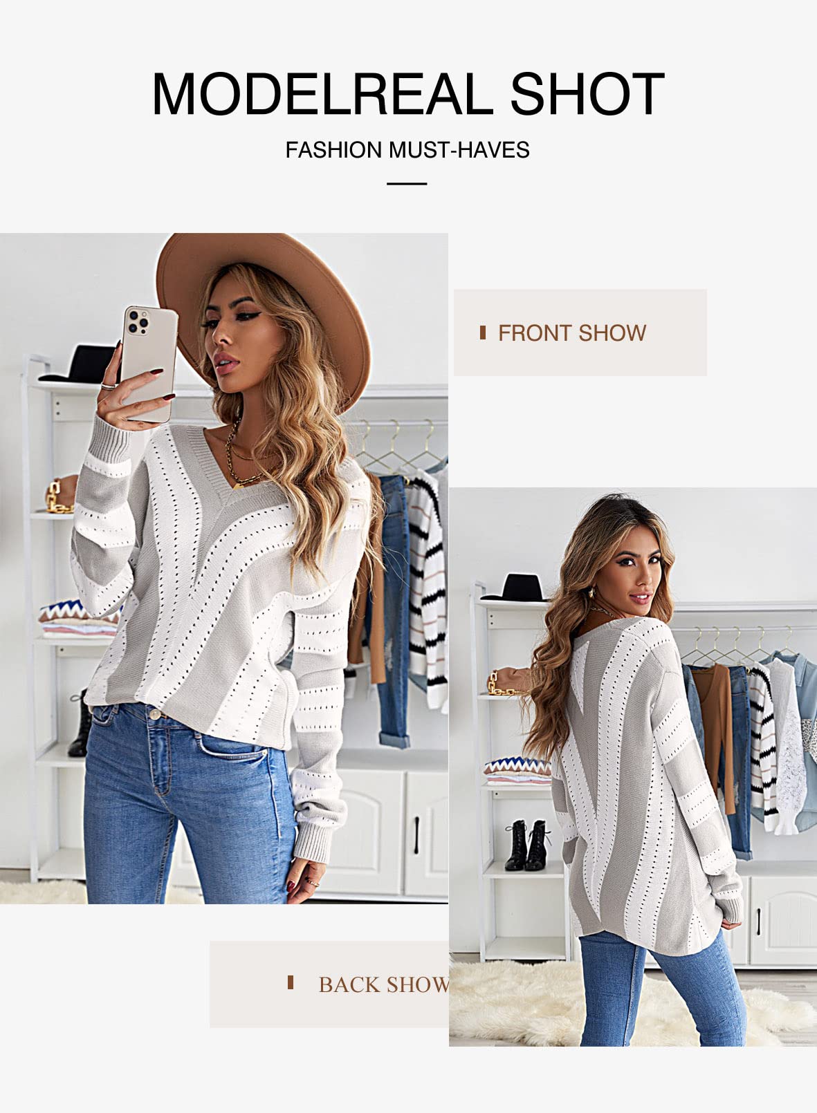 Elapsy Women‘s Casual Long Sleeve Oversized Knit Sweaters Striped Blockcolor V Neck Loose Lightweight Knited Sweater Pullover Sweater Gray L