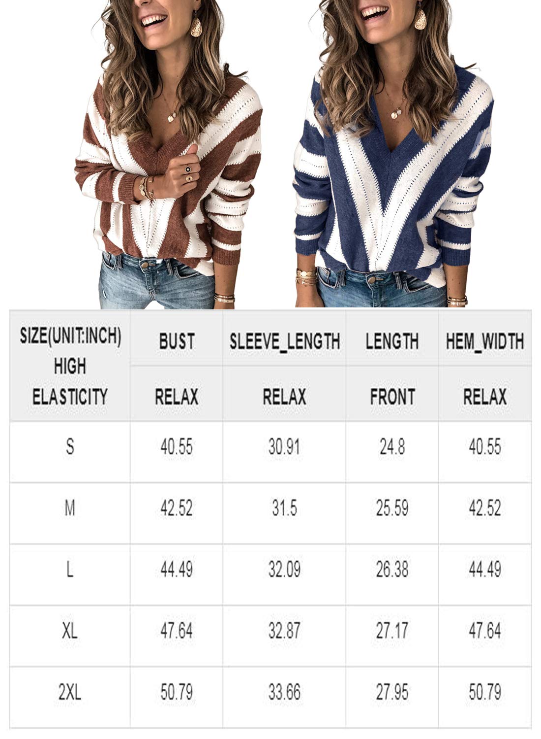 Elapsy Women‘s Casual Long Sleeve Oversized Knit Sweaters Striped Blockcolor V Neck Loose Lightweight Knited Sweater Pullover Sweater Gray L