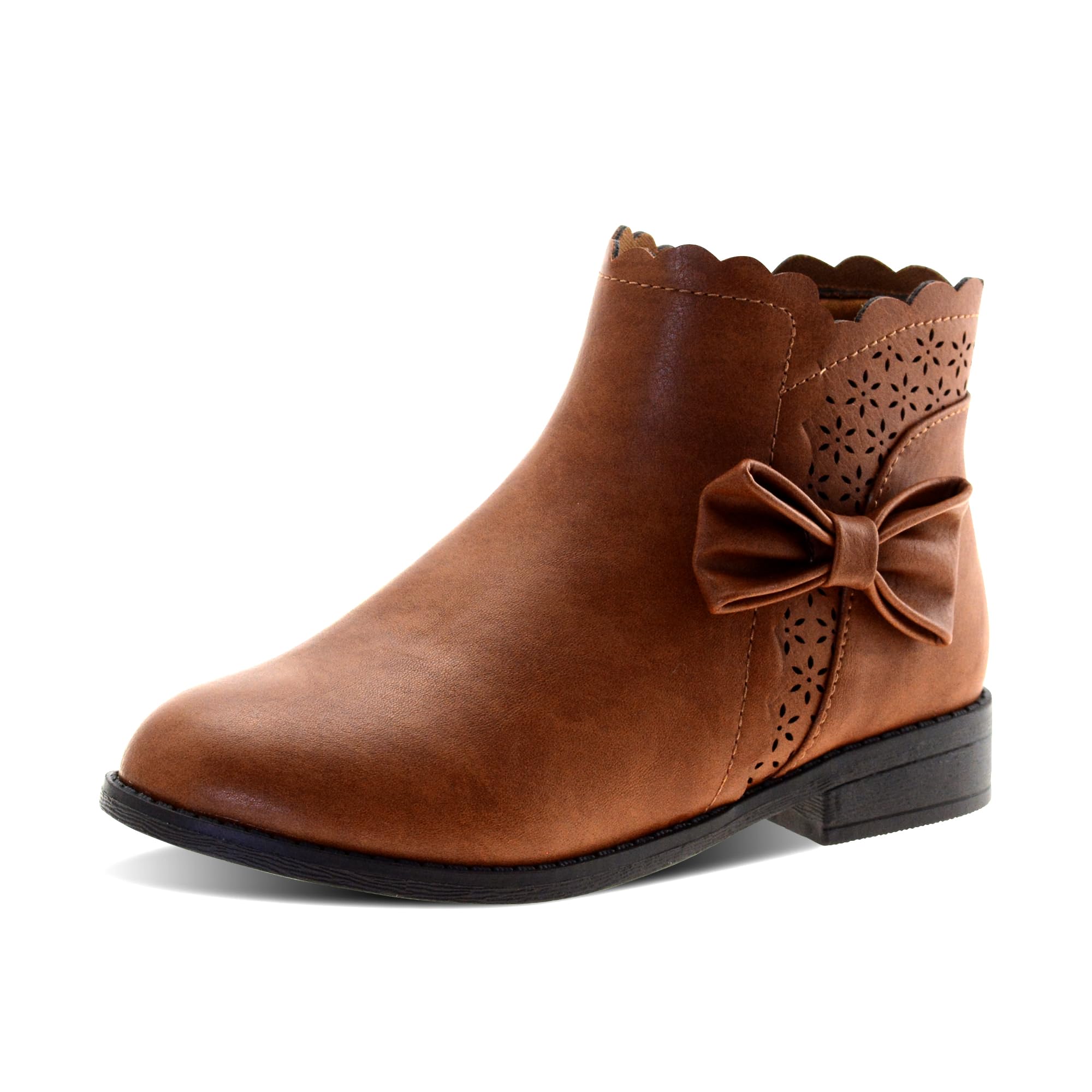LseLom Girls Ankle Boots Kids Ankle Booties Bow Side Zipper Low Heel Outdoor Warm Shoes for Little Kids/Big Kids PU Brown Size 2