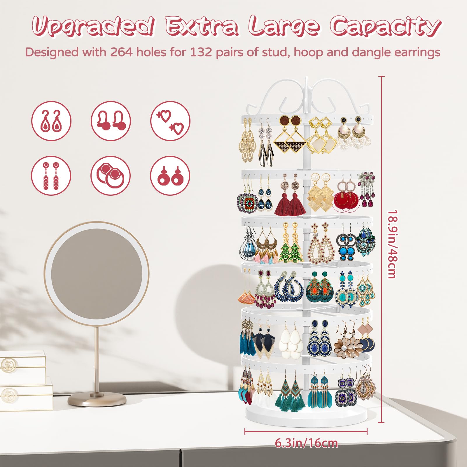 MODOWEY 6 Tier Rotating Metal Earring Holder Organizer Stand Adjustable Display Tree for Women, 264 Holes Large Storage Rack for Stud Post Dangling Hoop, Keep Earrings Neatly Arranged(White)