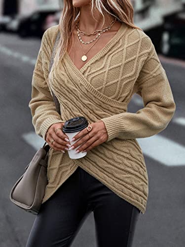 WDIRARA Women's Wrap V Neck Criss Cross Long Sleeve Asymmetrical Sweater Cable Knit Tops Solid Apricot L