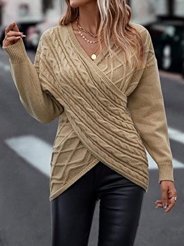WDIRARA Women's Wrap V Neck Criss Cross Long Sleeve Asymmetrical Sweater Cable Knit Tops Solid Apricot L