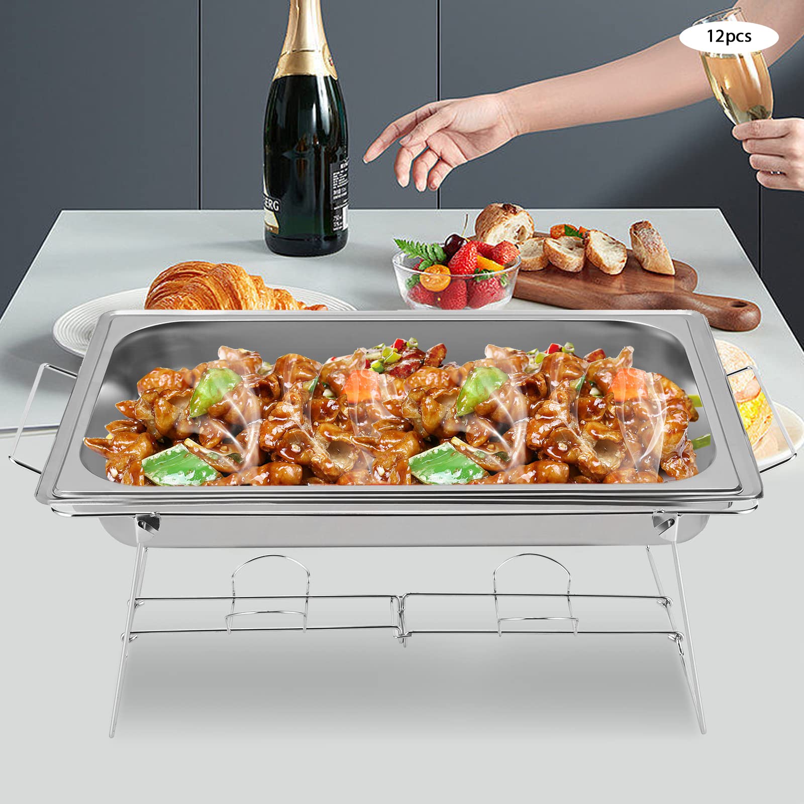 Gdrasuya10 12 Pcs Foldable Buffet Stand - Metal Chafing Rack with Wire Frame Holder - Serving Trays & Food Warmer - Catering Supplies for Wedding & Birthday Party, Silver