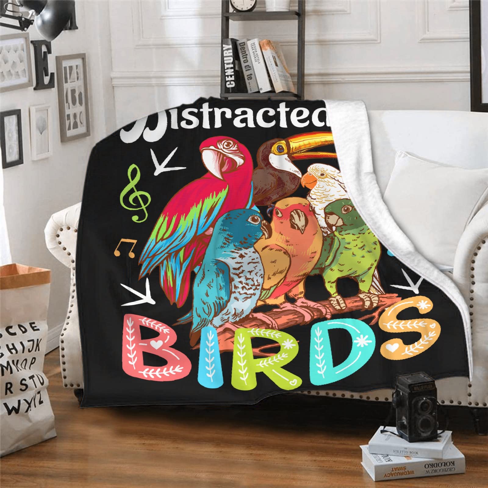 Bird Blanket Birds Gift for Kids,Easily Distracted by Birds Print Blankets,Soft Flannel Bed Throws Lightweight Cozy Fluffy Plush Decorative Quilts,50 x 40 in S Size