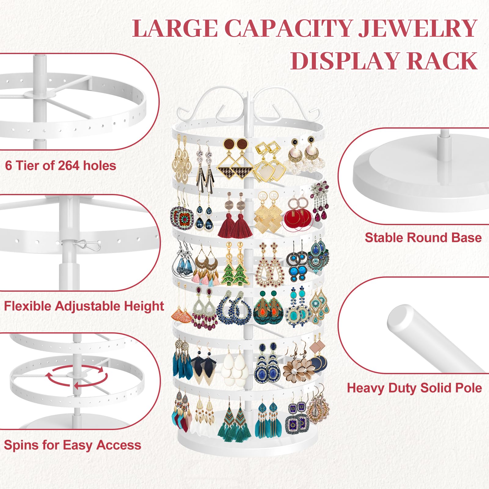 MODOWEY 6 Tier Rotating Metal Earring Holder Organizer Stand Adjustable Display Tree for Women, 264 Holes Large Storage Rack for Stud Post Dangling Hoop, Keep Earrings Neatly Arranged(White)