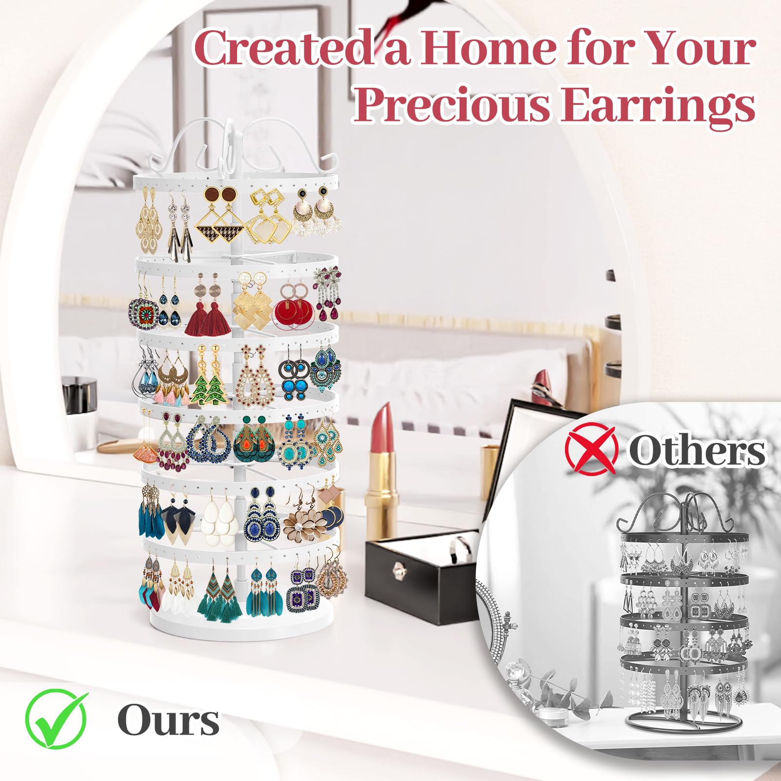 MODOWEY 6 Tier Rotating Metal Earring Holder Organizer Stand Adjustable Display Tree for Women, 264 Holes Large Storage Rack for Stud Post Dangling Hoop, Keep Earrings Neatly Arranged(White)