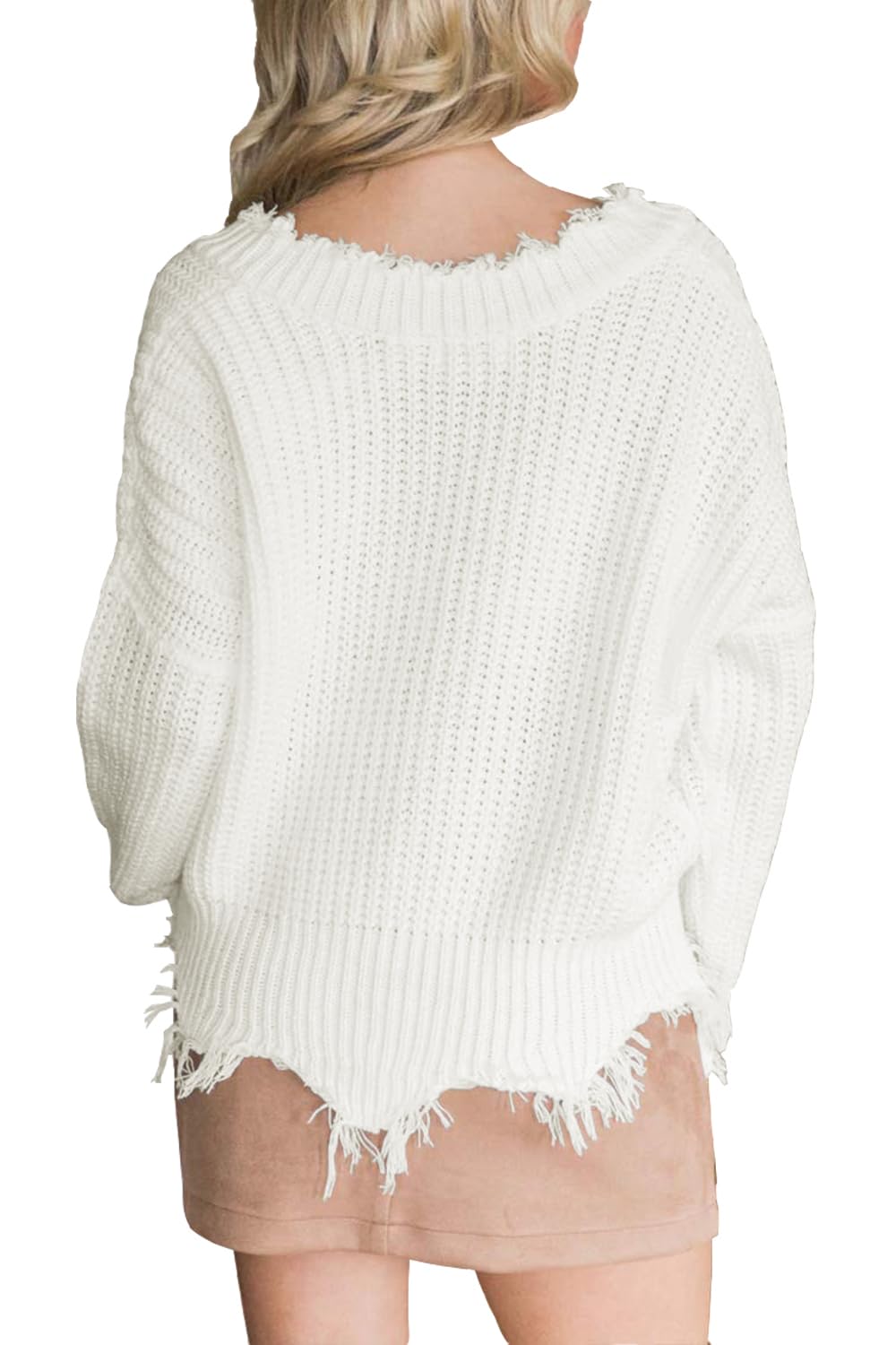 LAMISSCHE Womens Loose Knitted Off The Shoulder Sweater Solid V Neck Long Sleeve Pullover Ripped Crop Top(White,S)
