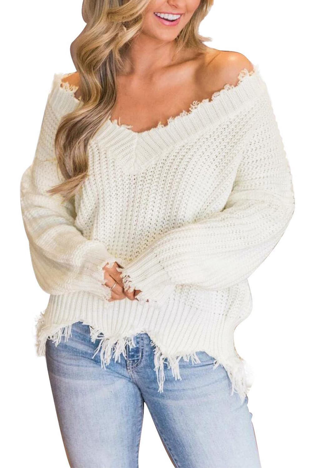 LAMISSCHE Womens Loose Knitted Off The Shoulder Sweater Solid V Neck Long Sleeve Pullover Ripped Crop Top(White,S)