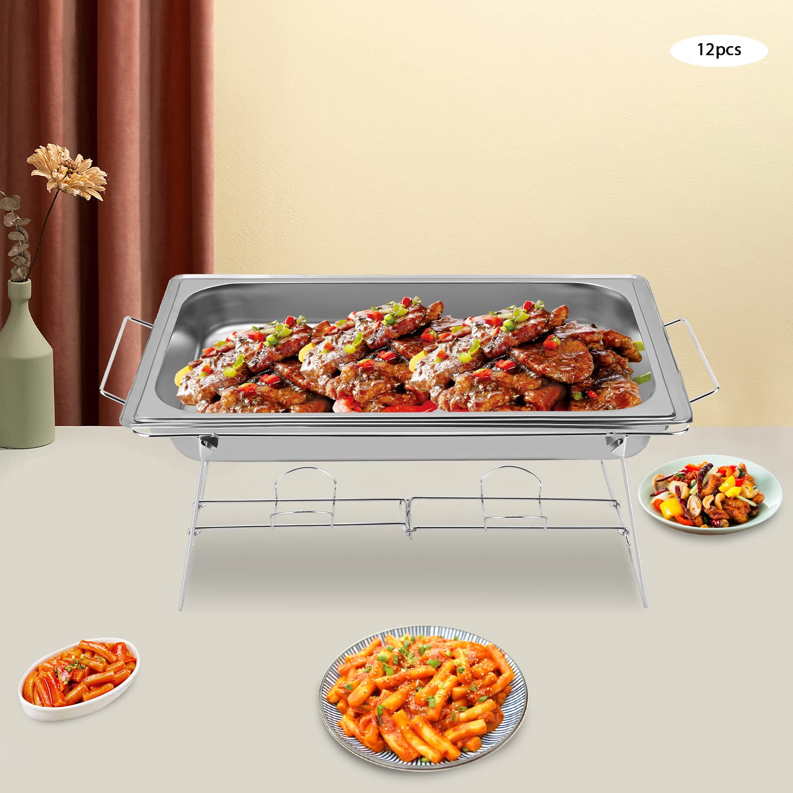 Gdrasuya10 12 Pcs Foldable Buffet Stand - Metal Chafing Rack with Wire Frame Holder - Serving Trays & Food Warmer - Catering Supplies for Wedding & Birthday Party, Silver