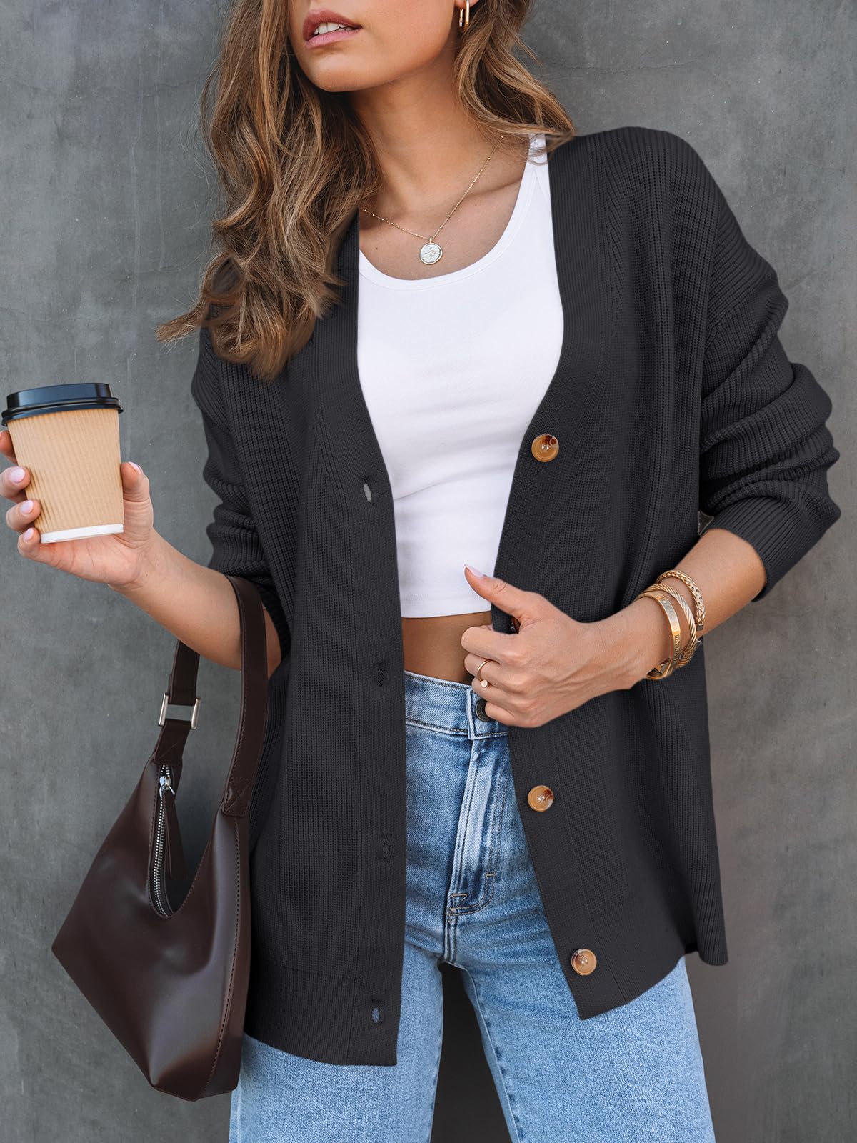 LILLUSORY Women Oversized Cardigan Sweater Fall Outfits Cloth Fashion V Neck Knit Button Front Casual Trendy Tops Black X-Small