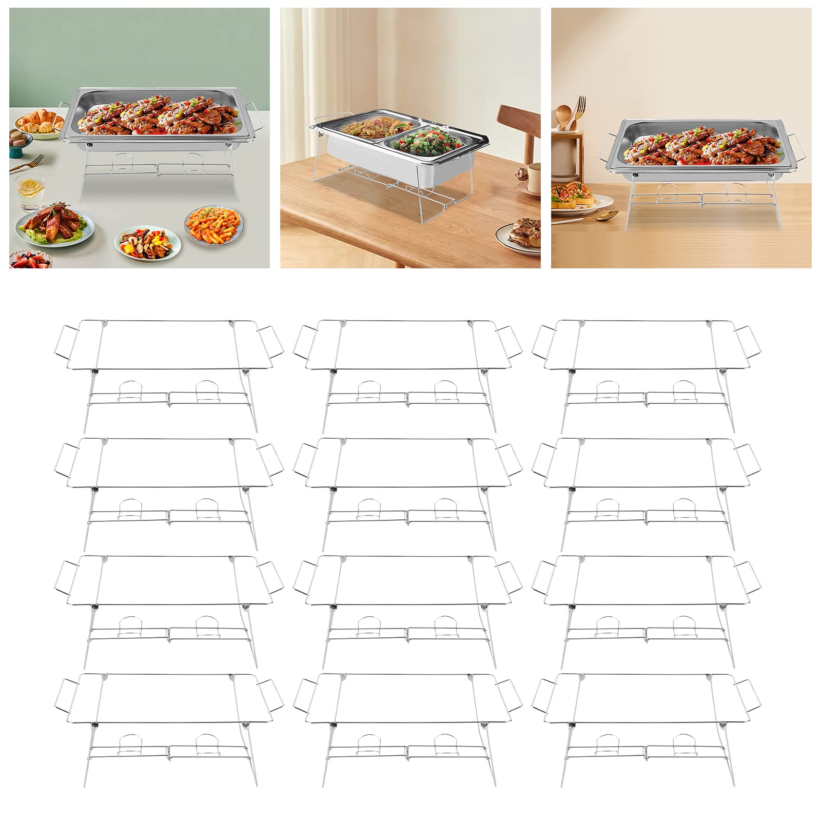 Gdrasuya10 12 Pcs Foldable Buffet Stand - Metal Chafing Rack with Wire Frame Holder - Serving Trays & Food Warmer - Catering Supplies for Wedding & Birthday Party, Silver