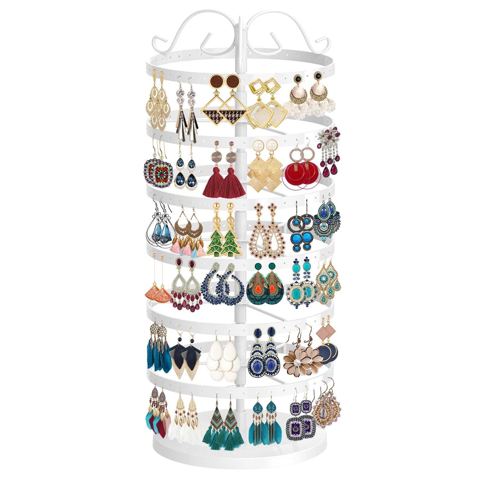 MODOWEY 6 Tier Rotating Metal Earring Holder Organizer Stand Adjustable Display Tree for Women, 264 Holes Large Storage Rack for Stud Post Dangling Hoop, Keep Earrings Neatly Arranged(White)
