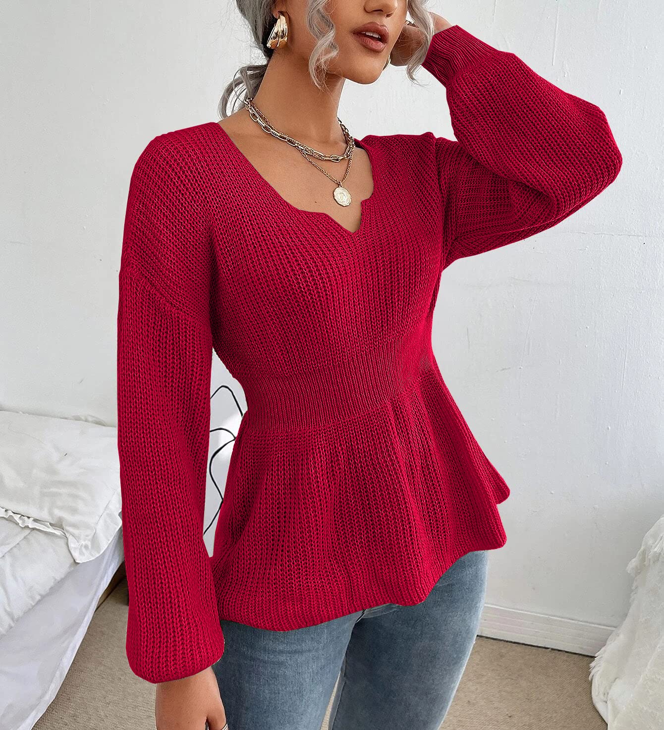 Veatzaer Womens V Neck Sweaters Fall Trendy Casual Long Lantern Sleeve Ribbed Knit Pullover Sweater Tops Red