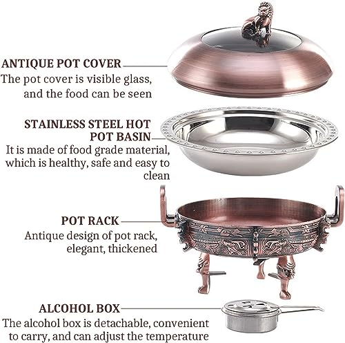 Round Chafing Dish Set for Wedding Banquets Party, Stainless Steel Chafing Buffet Server Warming Tray, with Food Pan, Frame, Lid and Fuel Holder (Color : Red Copper, Size : 28cm)