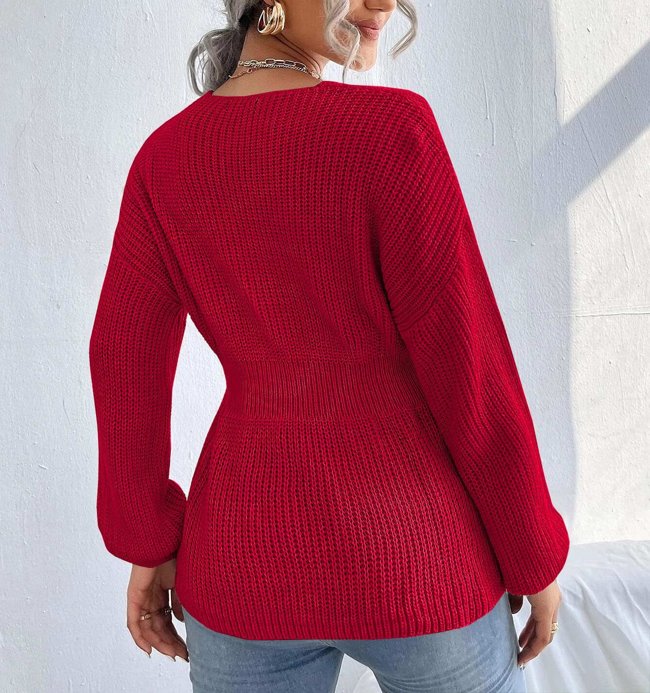 Veatzaer Womens V Neck Sweaters Fall Trendy Casual Long Lantern Sleeve Ribbed Knit Pullover Sweater Tops Red