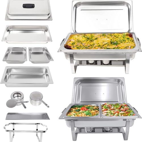 6 Pack Full Size Stainless Steel Chafing Dishes Buffet Set,9 QT Rectangular Catering Chafer Warmer with Food Tray Lid and Fuel Holder for Buffet Banquet Party Catering,Sliver