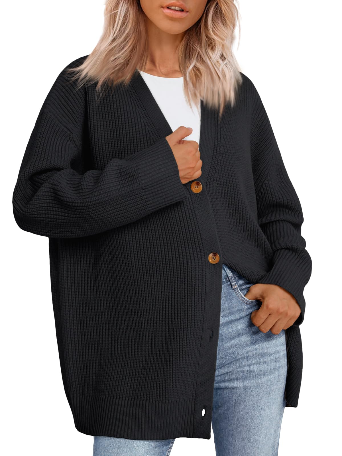 LILLUSORY Women Oversized Cardigan Sweater Fall Outfits Cloth Fashion V Neck Knit Button Front Casual Trendy Tops Black X-Small