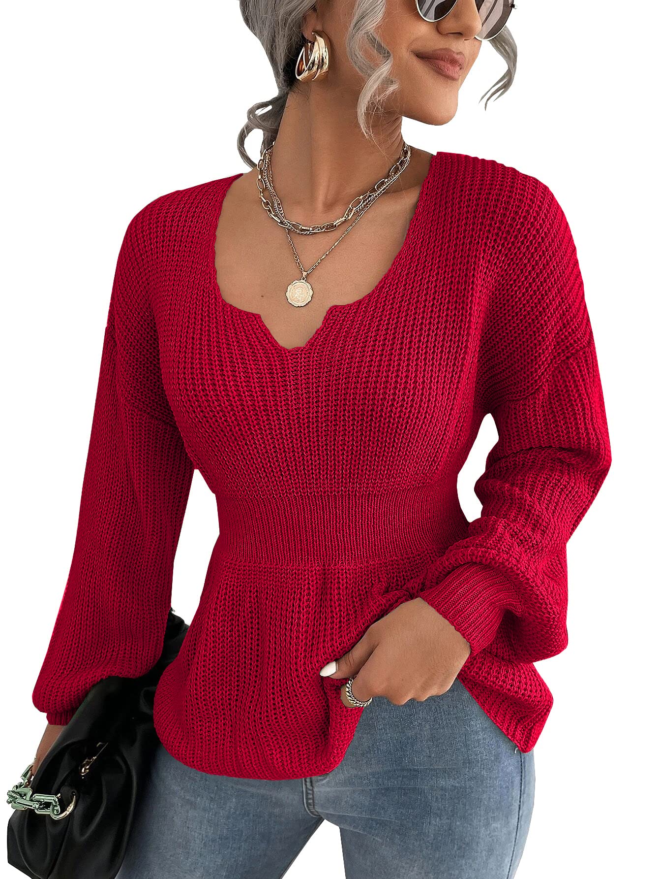 Veatzaer Womens V Neck Sweaters Fall Trendy Casual Long Lantern Sleeve Ribbed Knit Pullover Sweater Tops Red