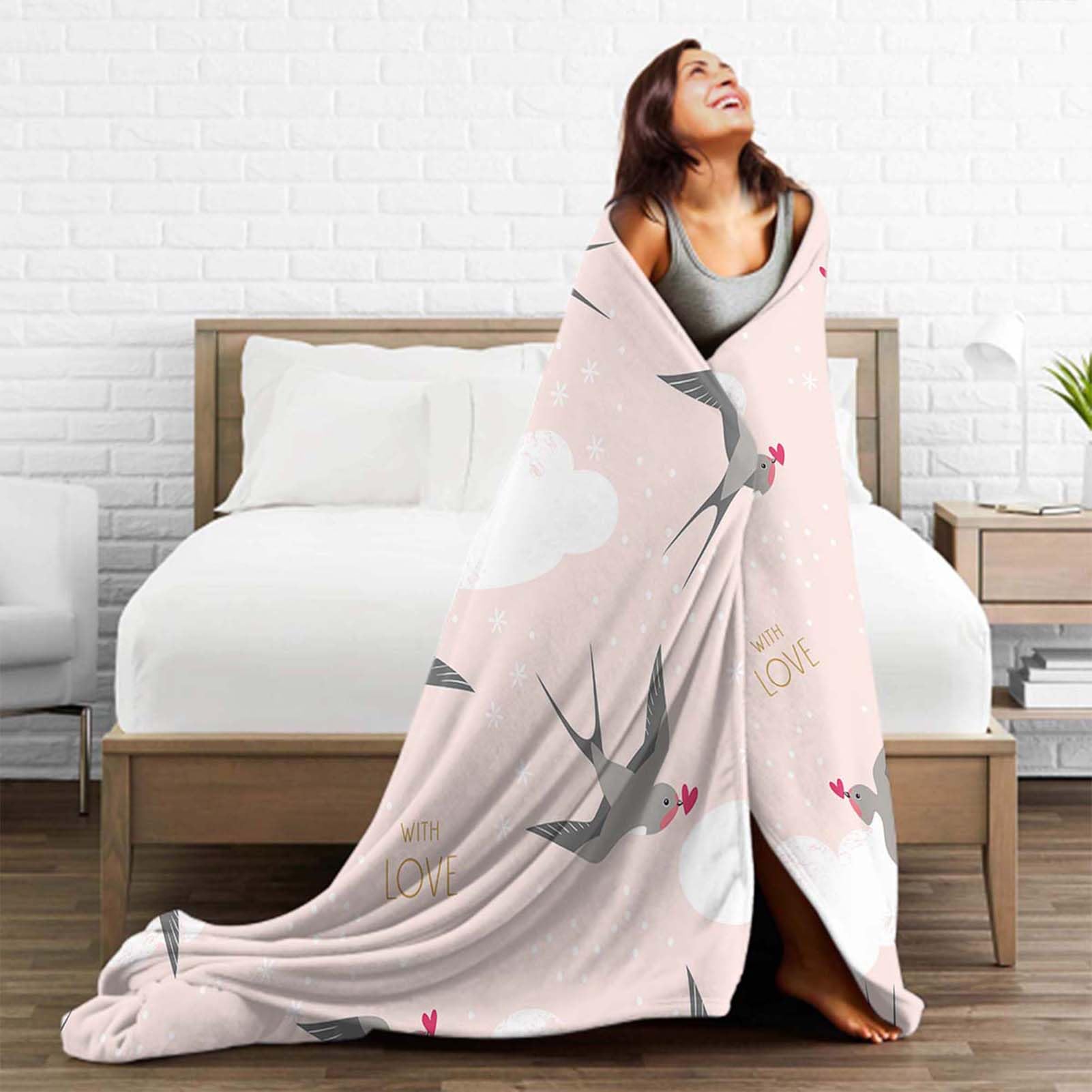 Throw Blanket 40x50 Inch,Flower Sky Bird Heart Flannel Soft Cozy Fluffy Throw Blankets and Warm Throws for Adults in Couch Sofa Bed 50x40 Inch