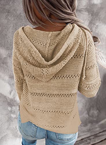 BLENCOT Women's Drawstring Color Block Hoodies Pullover V Neck Casual Long Sleeve Knitted Sweatshirts Khaki 2XL