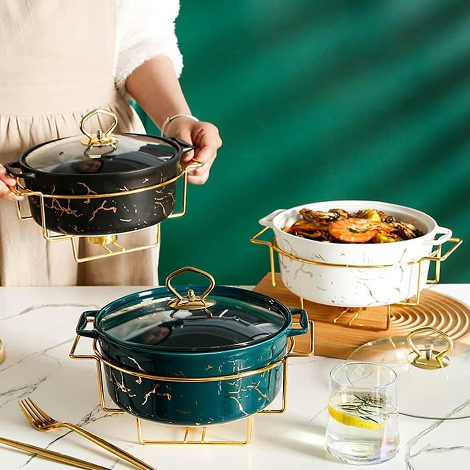 Food Warmer for Parties Buffets, Food Warming Tray Round Chafing Dish Buffet Set, Ceramic Marble Finish Chafer with Glass Lid, Chafer and Buffet Warmer Set for Buffet Weddings Parties