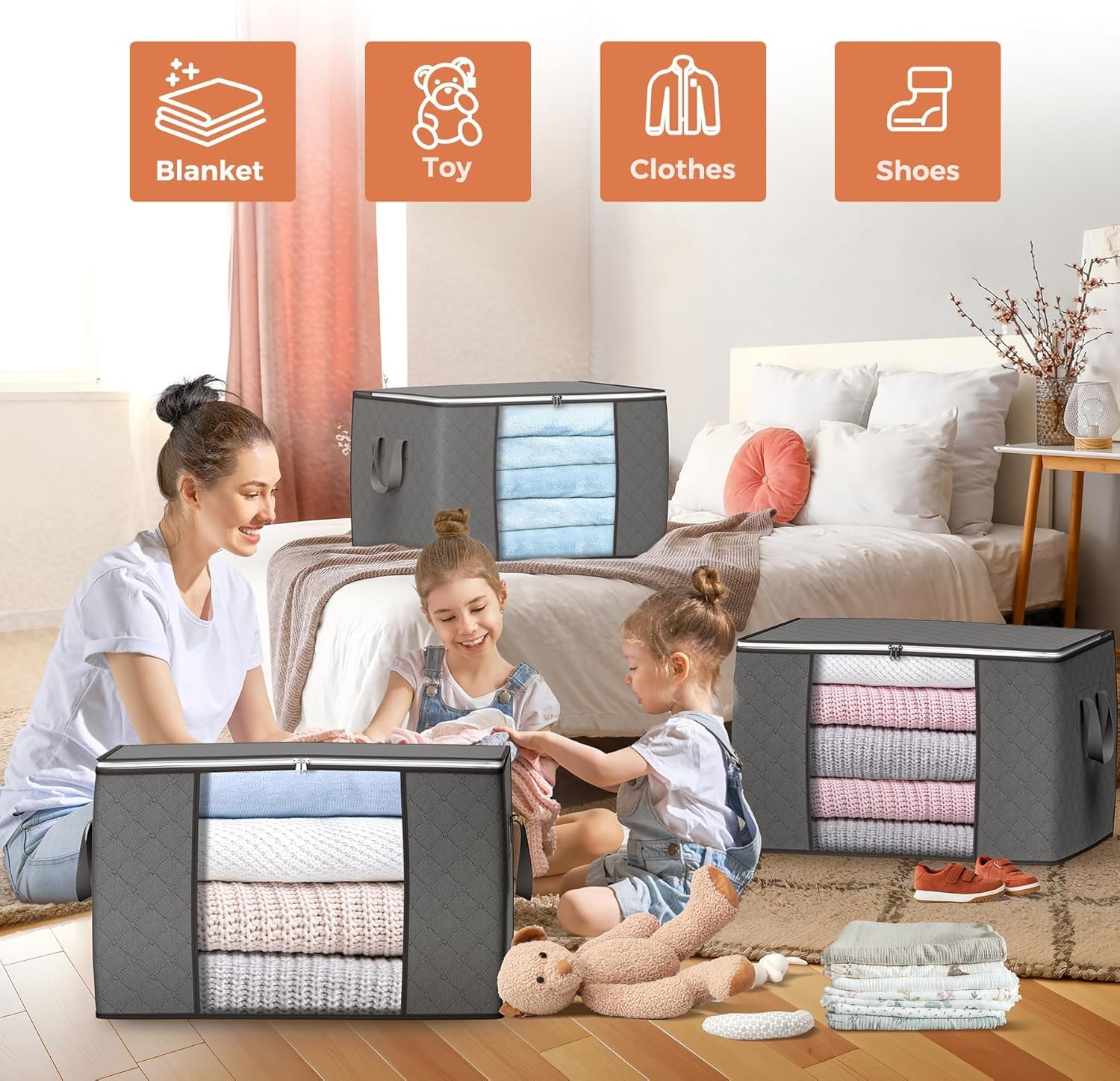 90L Large Storage Bags, 6 Pack Clothes Storage Bins Foldable Closet Organizer Storage Containers with Durable Handles Thick Fabric for Clothing, Blanket, Comforters, Bed Sheets, Pillows and Toys (Gray)