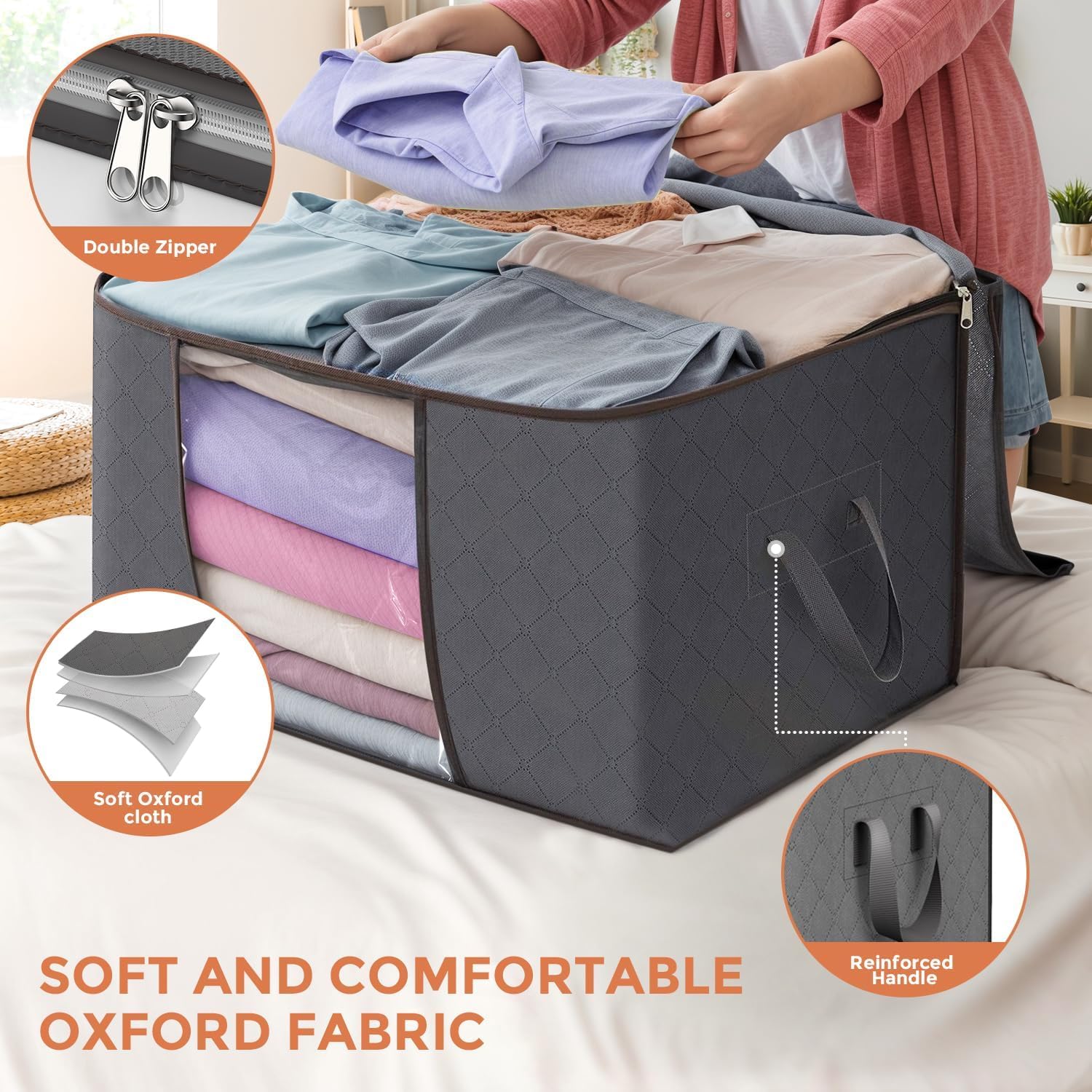 90L Large Storage Bags, 6 Pack Clothes Storage Bins Foldable Closet Organizer Storage Containers with Durable Handles Thick Fabric for Clothing, Blanket, Comforters, Bed Sheets, Pillows and Toys (Gray)