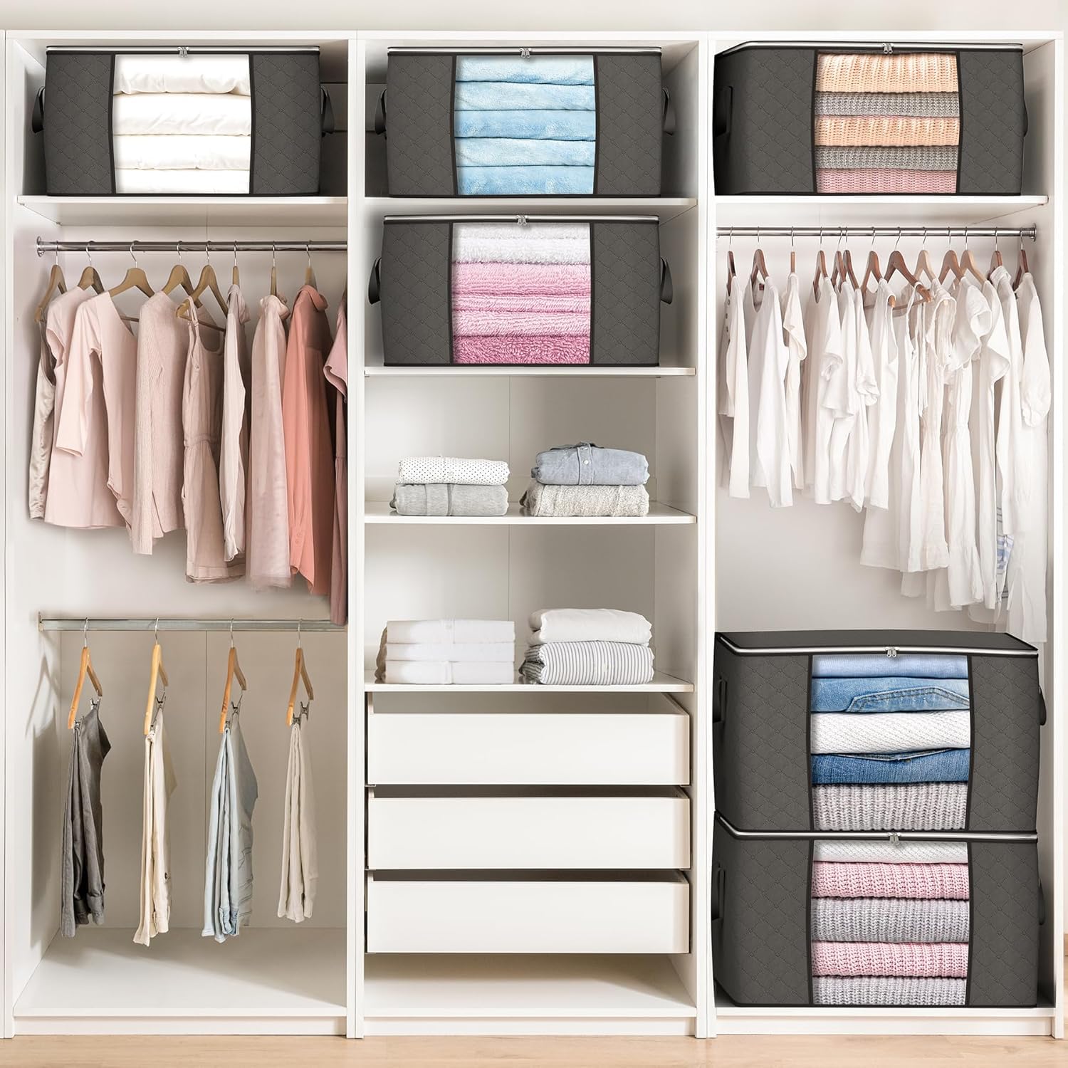 90L Large Storage Bags, 6 Pack Clothes Storage Bins Foldable Closet Organizer Storage Containers with Durable Handles Thick Fabric for Clothing, Blanket, Comforters, Bed Sheets, Pillows and Toys (Gray)