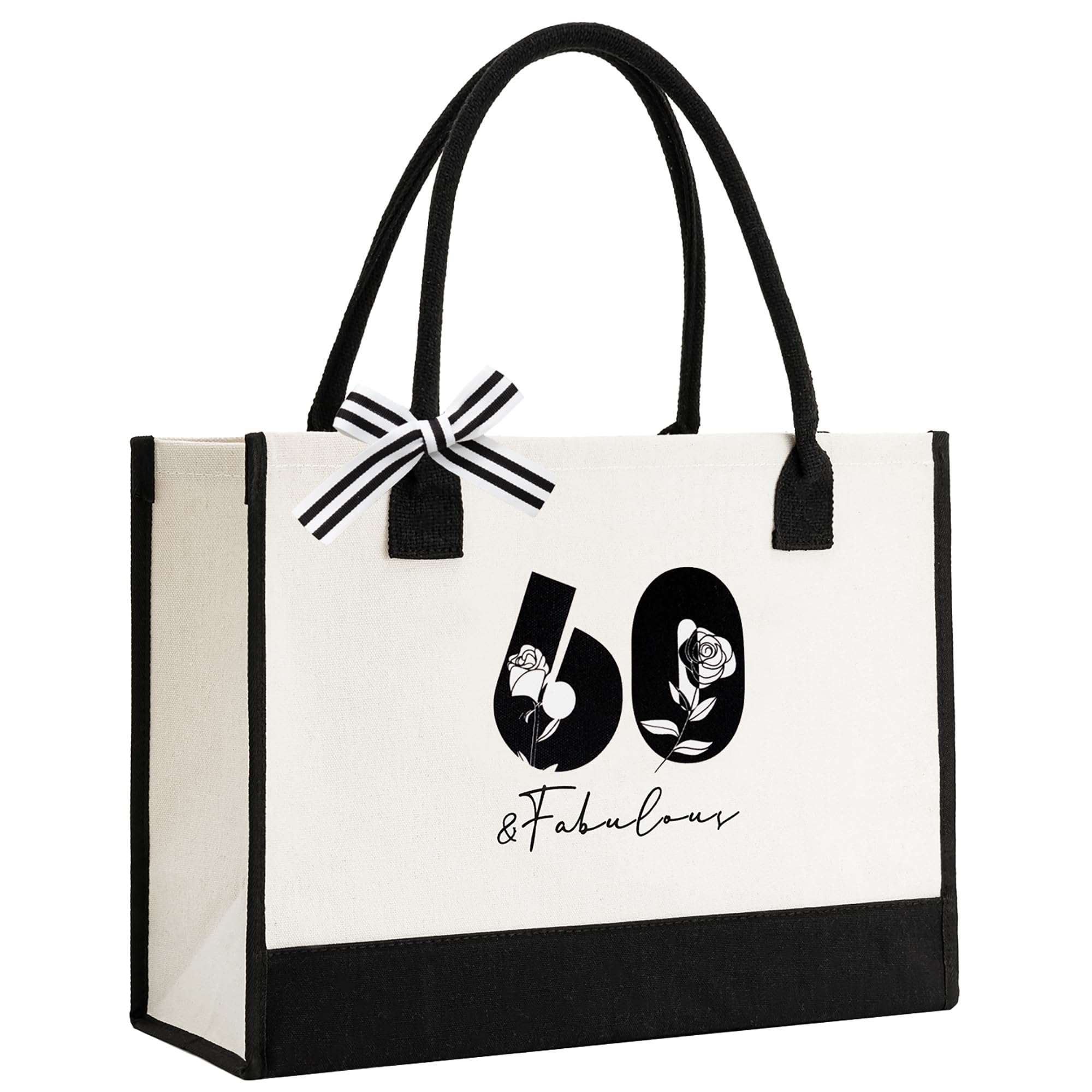 Crisky 60th Birthday Gifts for Women Canvas Tote Beach Bag 60 & Fabulous with Ribbon for Wife/Sister/Mom/Aunt/Friends,17" x 12" x 7"