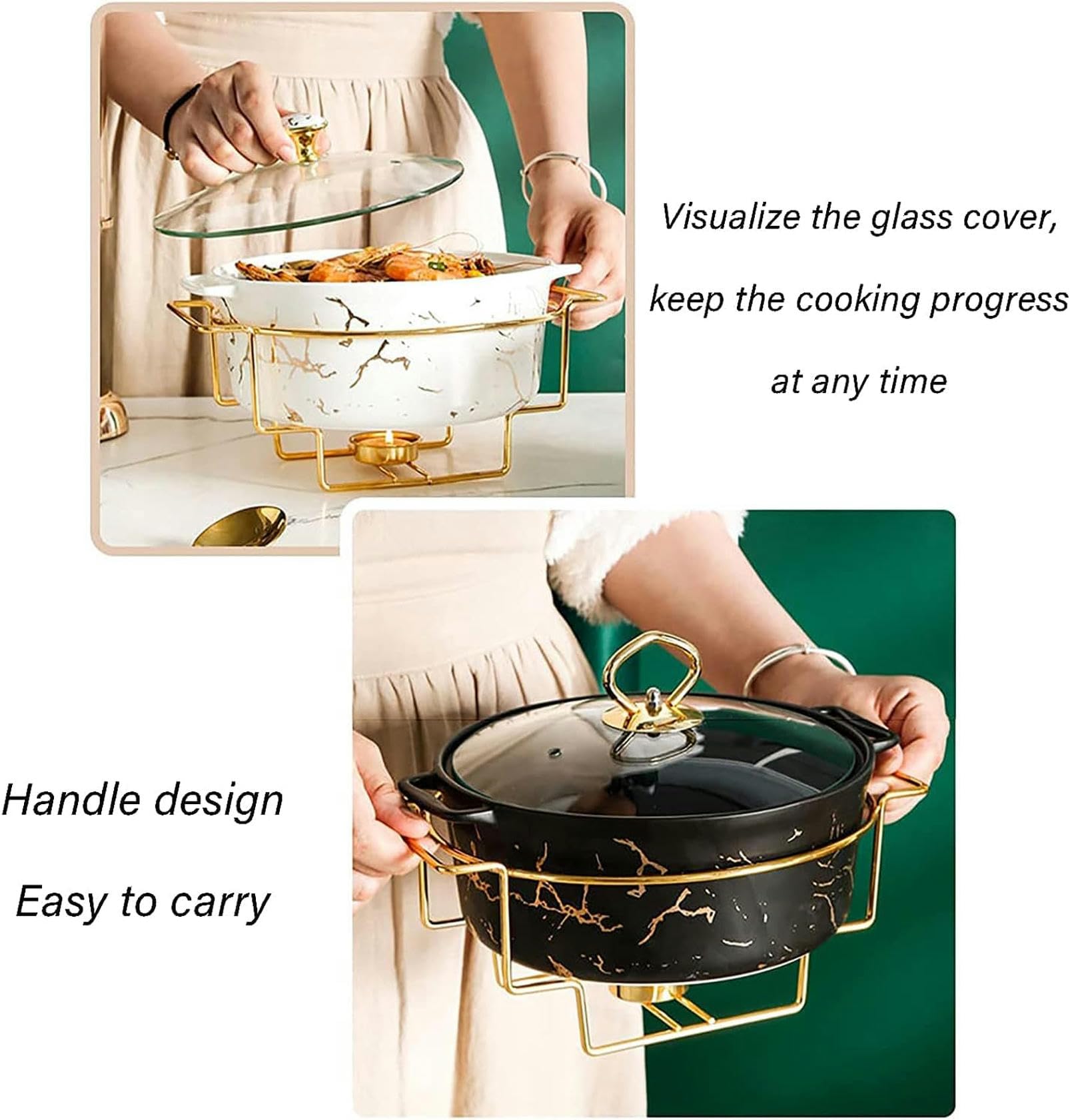 Food Warmer for Parties Buffets, Food Warming Tray Round Chafing Dish Buffet Set, Ceramic Marble Finish Chafer with Glass Lid, Chafer and Buffet Warmer Set for Buffet Weddings Parties