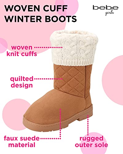 bebe Girls' Winter Boots - Quilted Woven Knit Winter Boots with Turn Cuff Sock Lining (Toddler/Girl), Size 2 Little Kid, Cognac