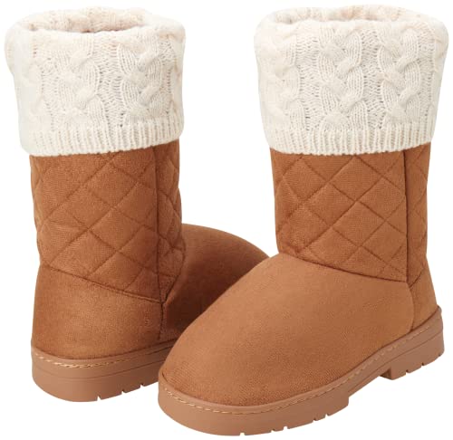 bebe Girls' Winter Boots - Quilted Woven Knit Winter Boots with Turn Cuff Sock Lining (Toddler/Girl), Size 2 Little Kid, Cognac