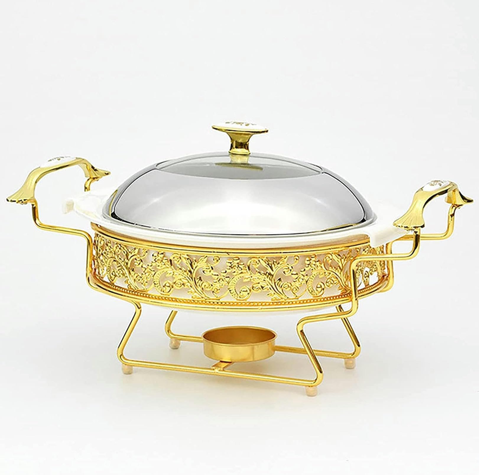 FLTRGO Food Warmer for Parties Buffets, Food Warming Tray Golden Pattern Chafing Dish Buffet Set, Round Stainless Steel Chafer with Lid for Buffet Weddings Parties Banquets Catering Events