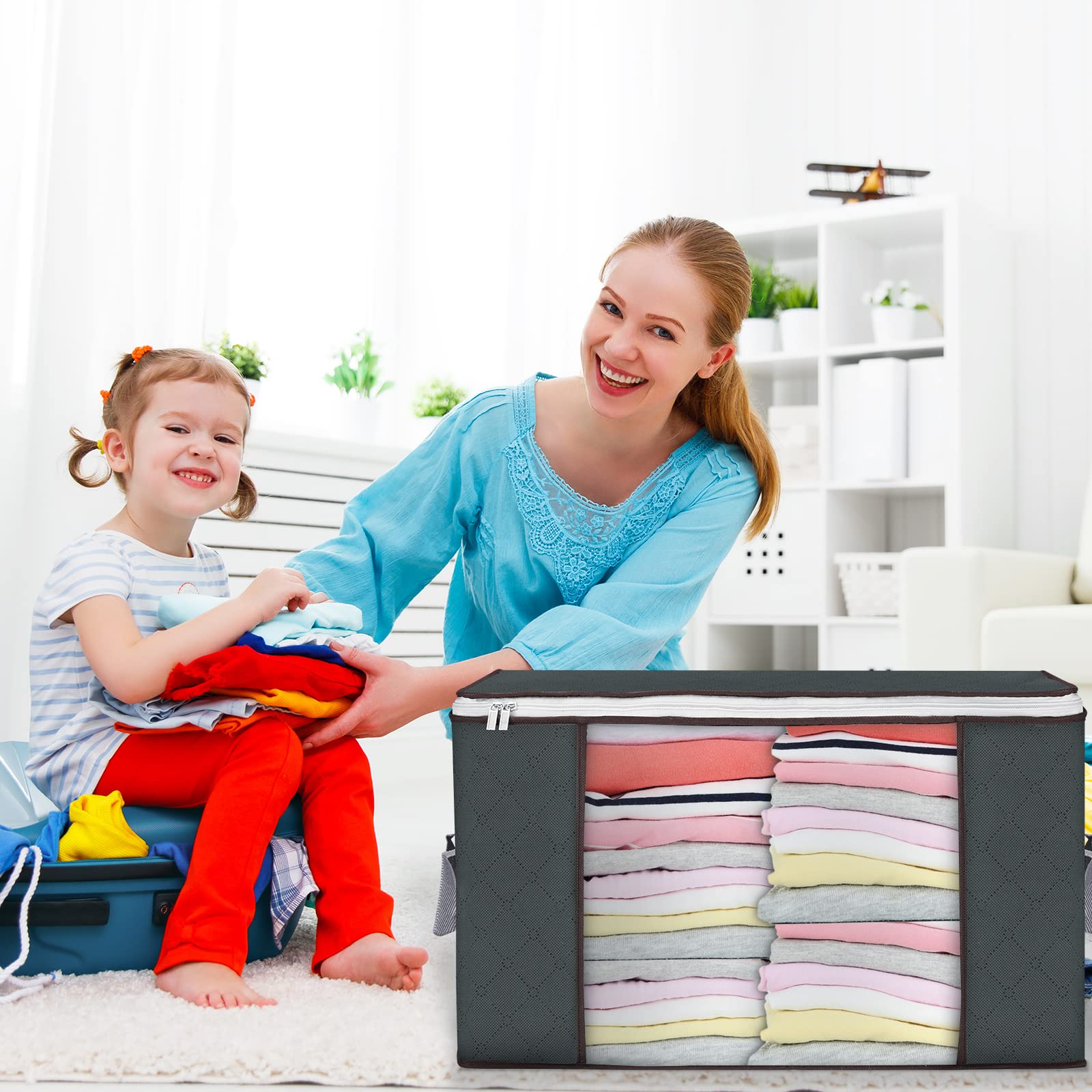 90L Large Storage Bags, 6 Pack Clothes Storage Bins Foldable Closet Organizer Storage Containers with Durable Handles Thick Fabric for Clothing, Blanket, Comforters, Bed Sheets, Pillows and Toys (Gray)