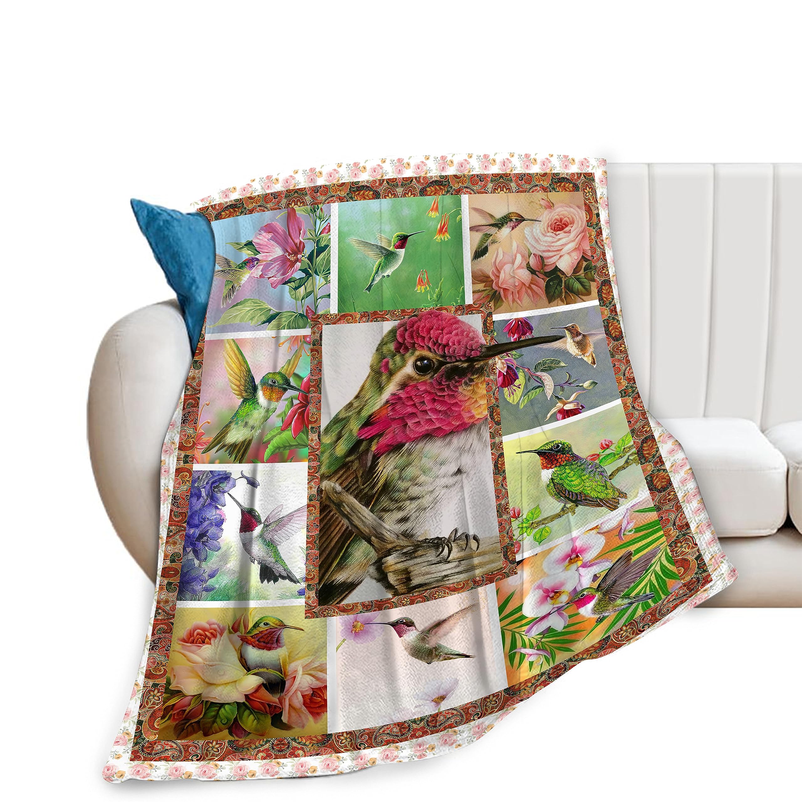 Hummingbird Blanket Soft Cozy Cute Spring Birds Fleece Plush Decor Throw Blanket All Season Ultra Warm Lightweight Fuzzy Hummingbird Blanket Gifts for Girls Women Boys Men Kids Bed 40"X50"